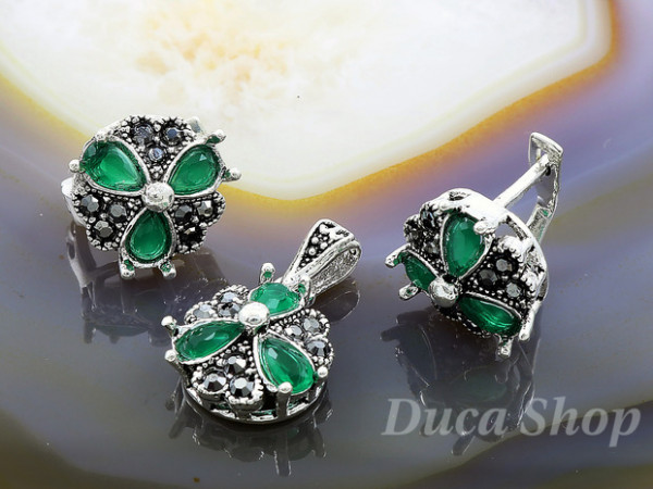 Set din Argint 925, Model Marcasite cu Cristale Verzi, cod 902
