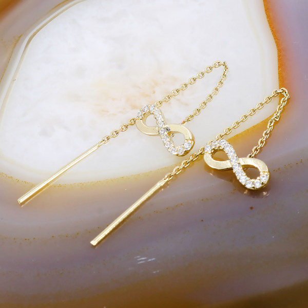 Cercei din Aur 14K 585 model Infinit cu fir Lung si Cristale Zirconia au401