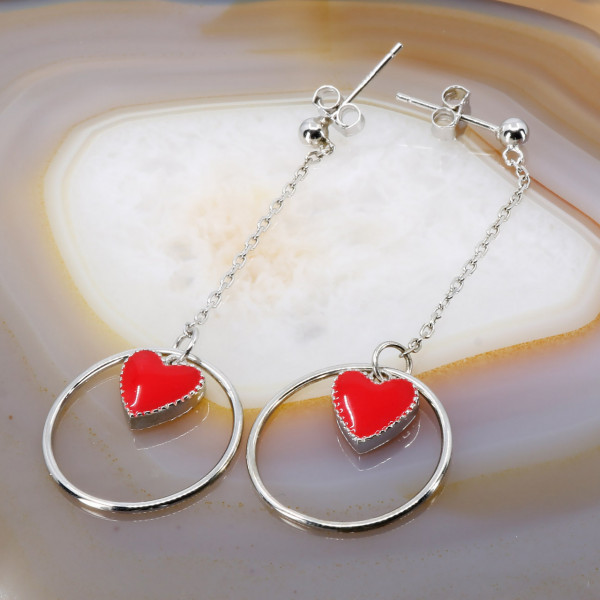 Cercei Lungi din Argint 925 cu Lantisor si Pandantiv Rotund Inima 2738