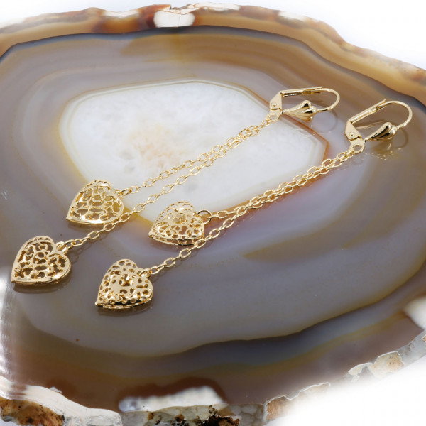 Cercei Lungi model Inima Brodata cu Lantisor, Placati cu Aur Galben 18K ...