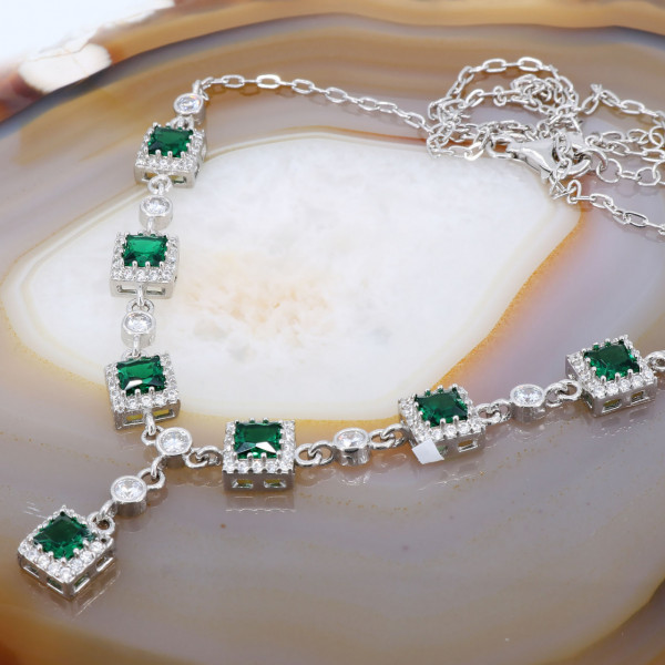 Colier din Argint 925 cu forme si Cristale patrate Verzi cod 1298