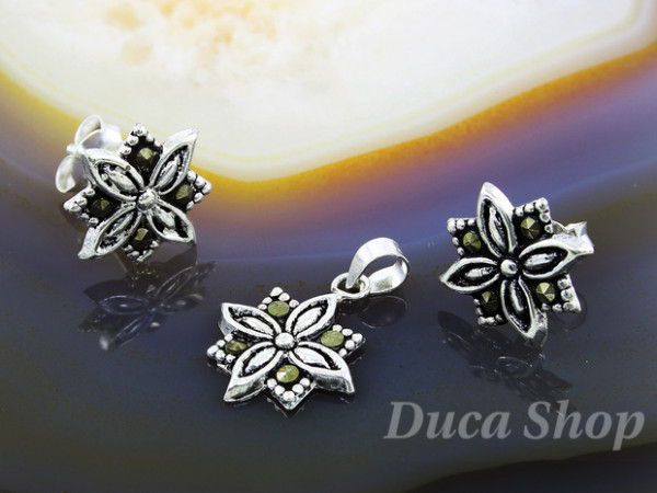 Set din Argint 925, Model Floral, cu Marcasite, cod 740