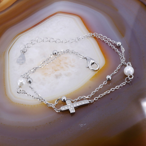 Bratara 2 Fire din Argint cu Cristale Cruce Bobite si perle c2600