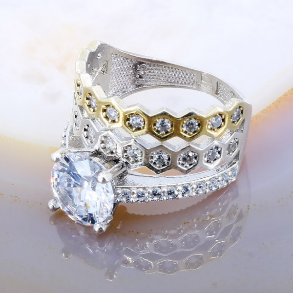 Inel din Argint 925 model Fagure, Dublu partial placat cu Aur Galben cu Cristale 2249