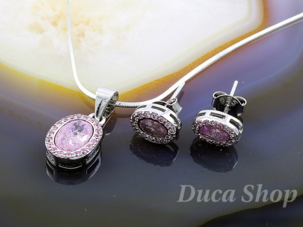 Set din Argint 925, Model Oval cu Cristal Zirconia Roz, cod 914