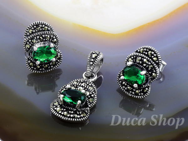 Set din Argint 925, Model tip Smarald si cu Marcasite, cod 848