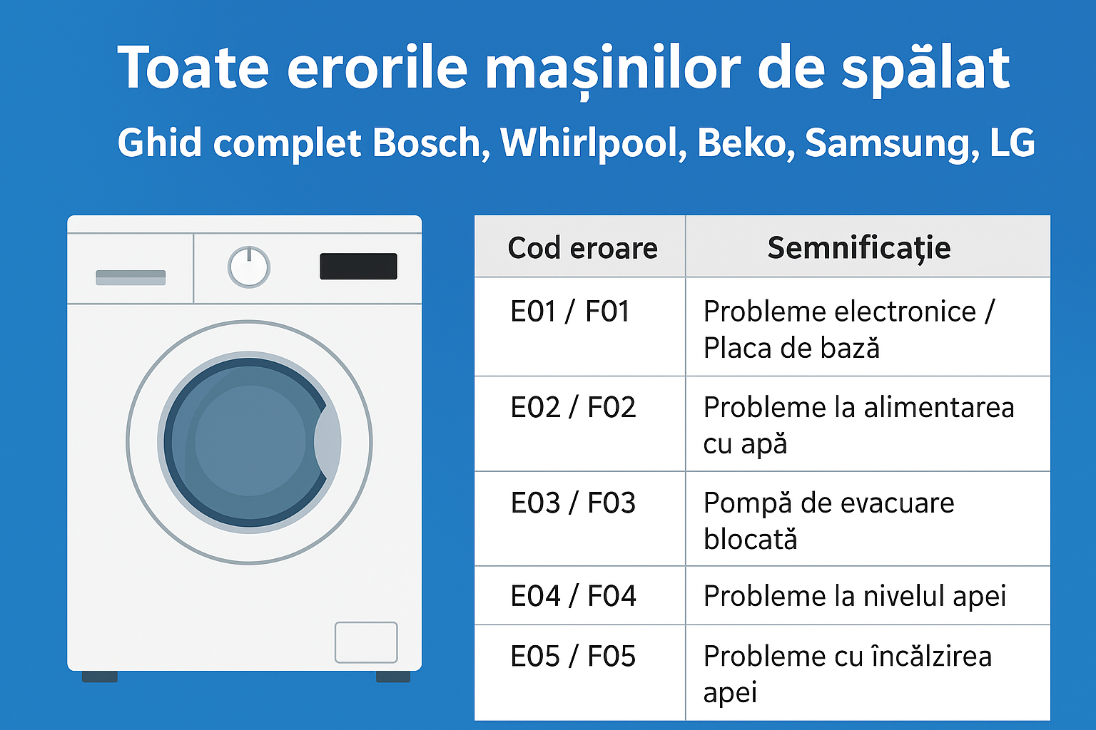 Toate erorile mașinilor de spălat – Ghid complet Bosch, Whirlpool, Beko ...