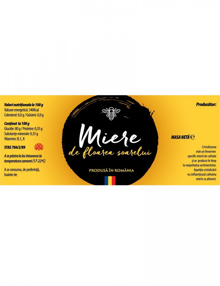 Eticheta borcan miere de Floarea Soarelui negru cu galben 120mm x 52mm