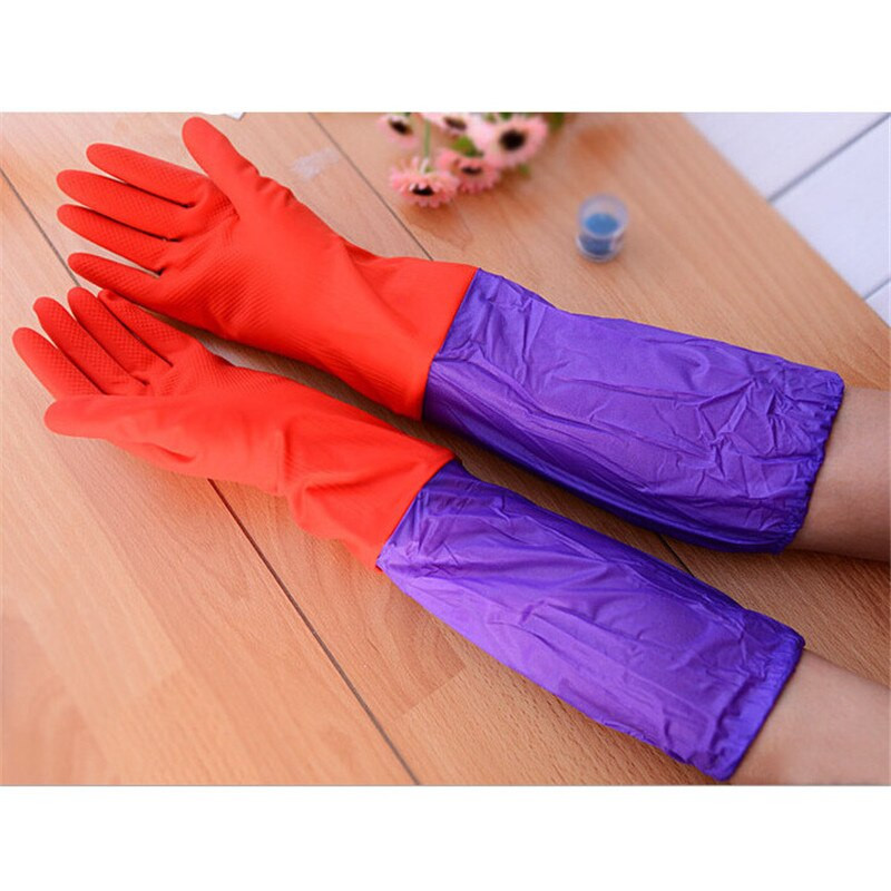 Manusi apicole din cauciuc rosie cu manseta mov si captuseala pe interior