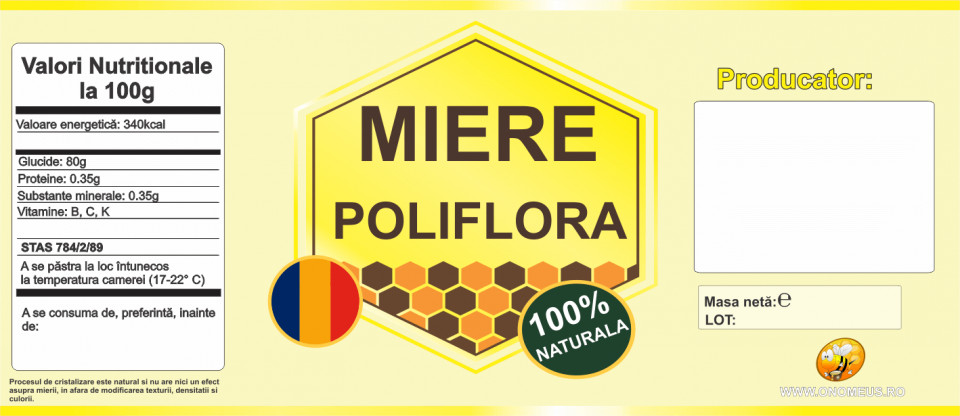 Eticheta autocolanta borcan miere Poliflora 120mm x 52mm