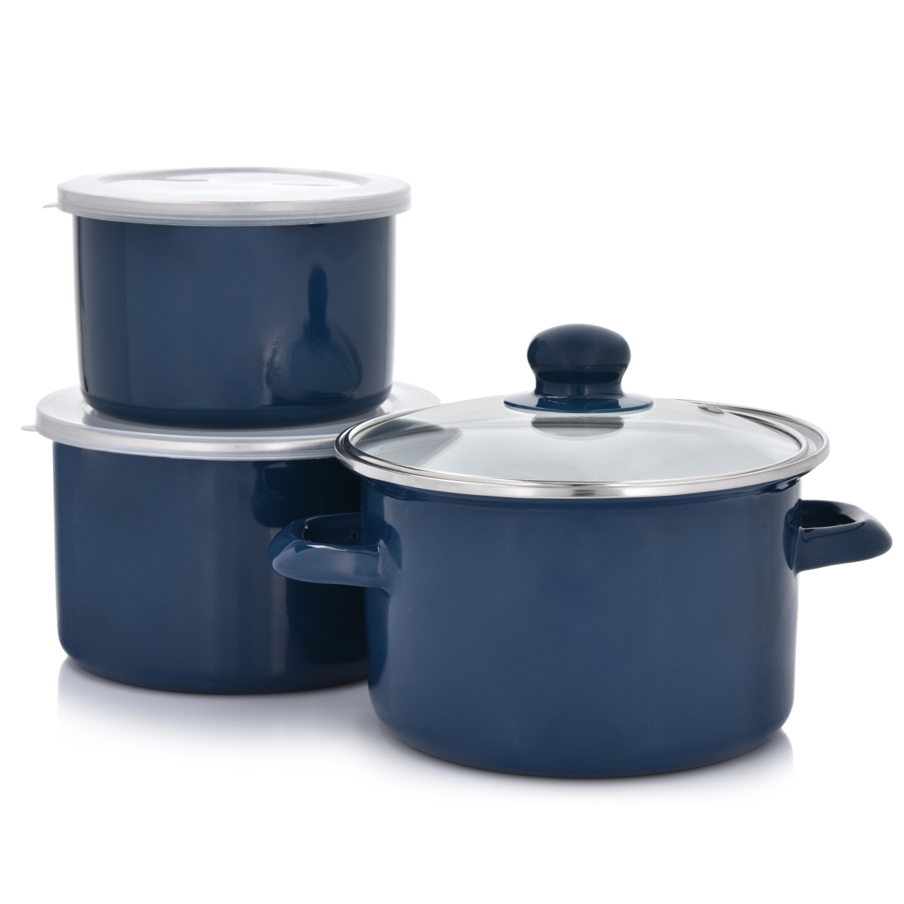 Set vase emailate cu capac, 6 piese, bleumarin, Emalia Olkusz