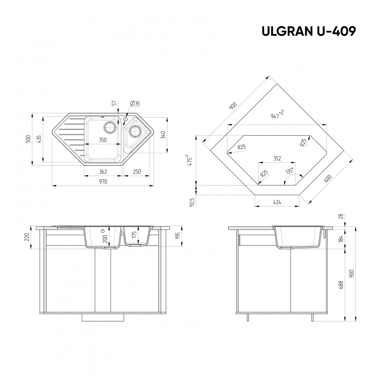 Ugaoni granitni sudoper Ulgran U409 boja bež