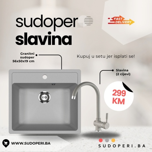 Granitni sudoper Ulgran U104 boja siva u kombinaciji sa lučnom slavinom