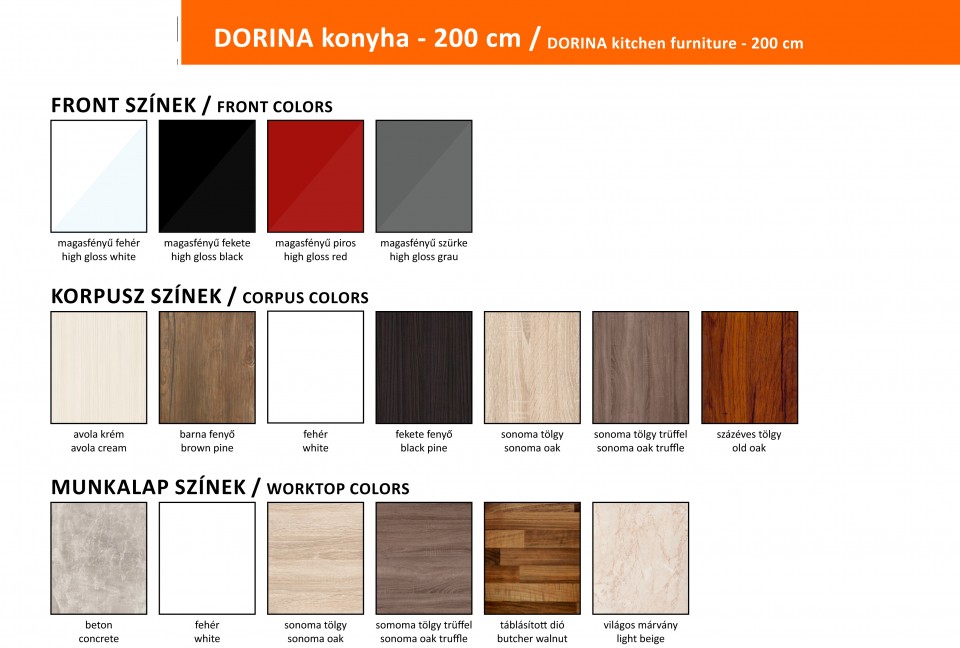 Dorina konyhablokk MDF fronttal, Magasfényű piros, 200cm