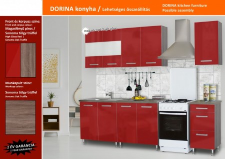 Dorina konyhablokk MDF fronttal, Magasfényű piros, 200cm