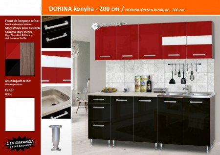 Dorina konyhablokk MDF fronttal, Magasfényű piros fekete, 200cm