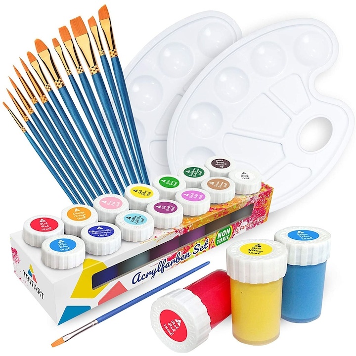 Set de Vopsele Acrilice, Tritart, 12 Perii si 2 Palete, 14 Vopsele, 252 ml