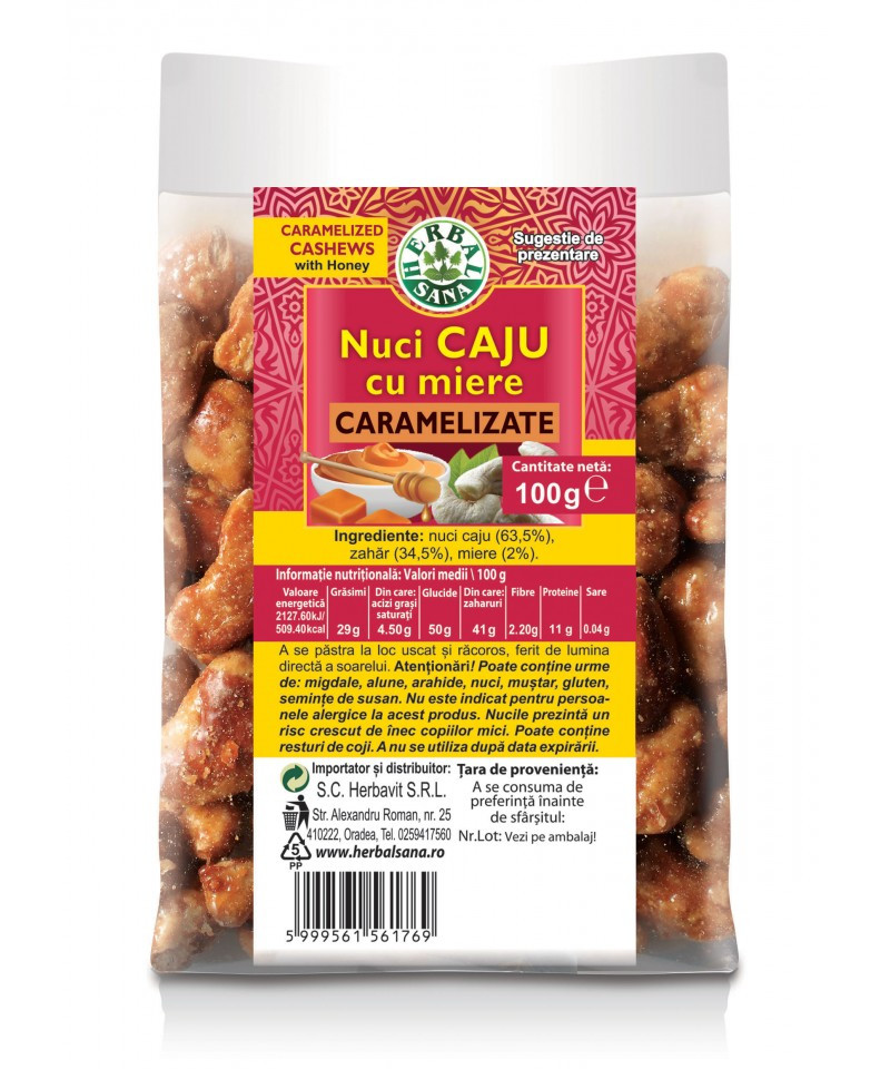 Nuci caju caramelizate cu miere - 100 g, Herbavit | Naturisti.ro
