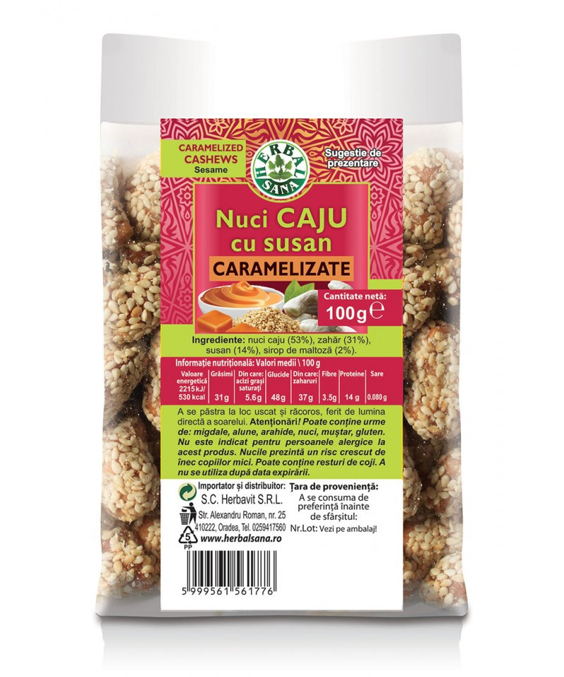 Nuci caju cu susan, caramelizate - 100 g, Herbavit | Naturisti.ro