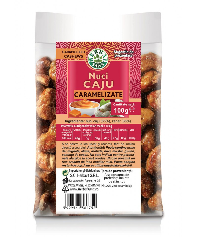 Nuci caju caramelizate - 100 g, Herbavit | Naturisti.ro