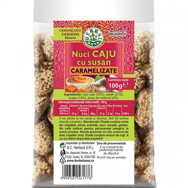 Nuci caju cu susan, caramelizate - 100 g, Herbavit | Naturisti.ro