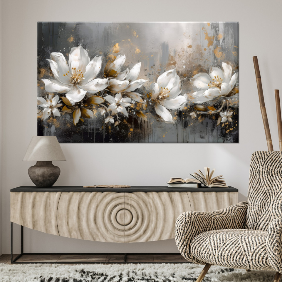 Tablou Canvas Flori Albe Elegante cu Frunze Aurii TPF44