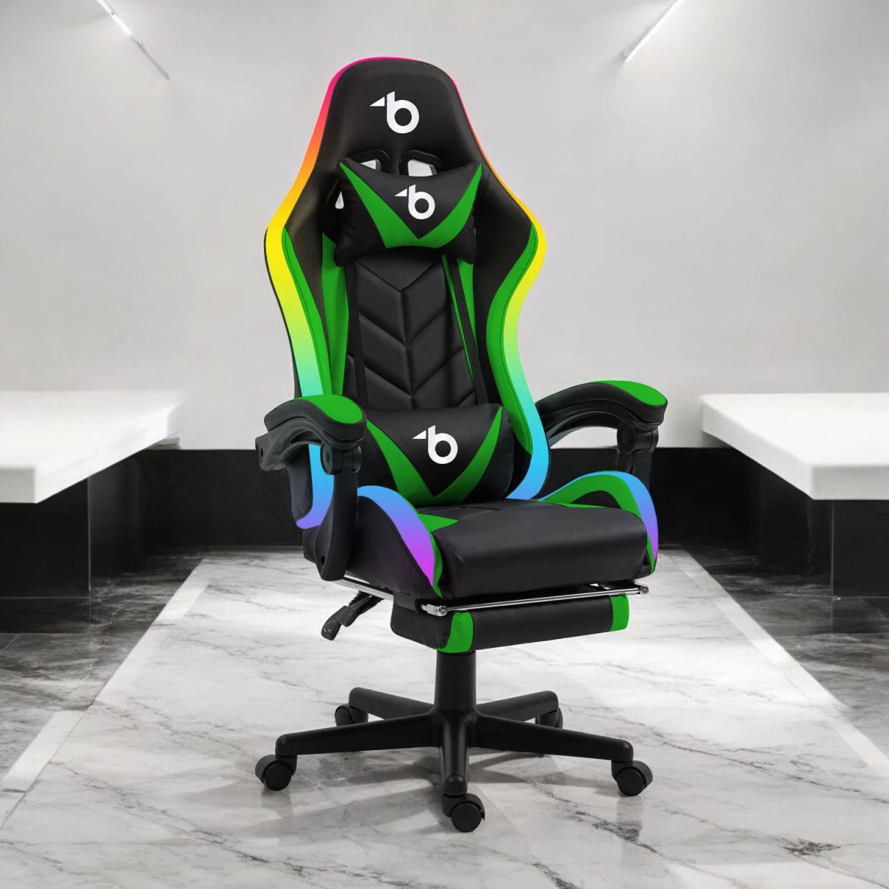 Scaun ergonomic gaming cu LED RGB, negru/verde - confort și stil