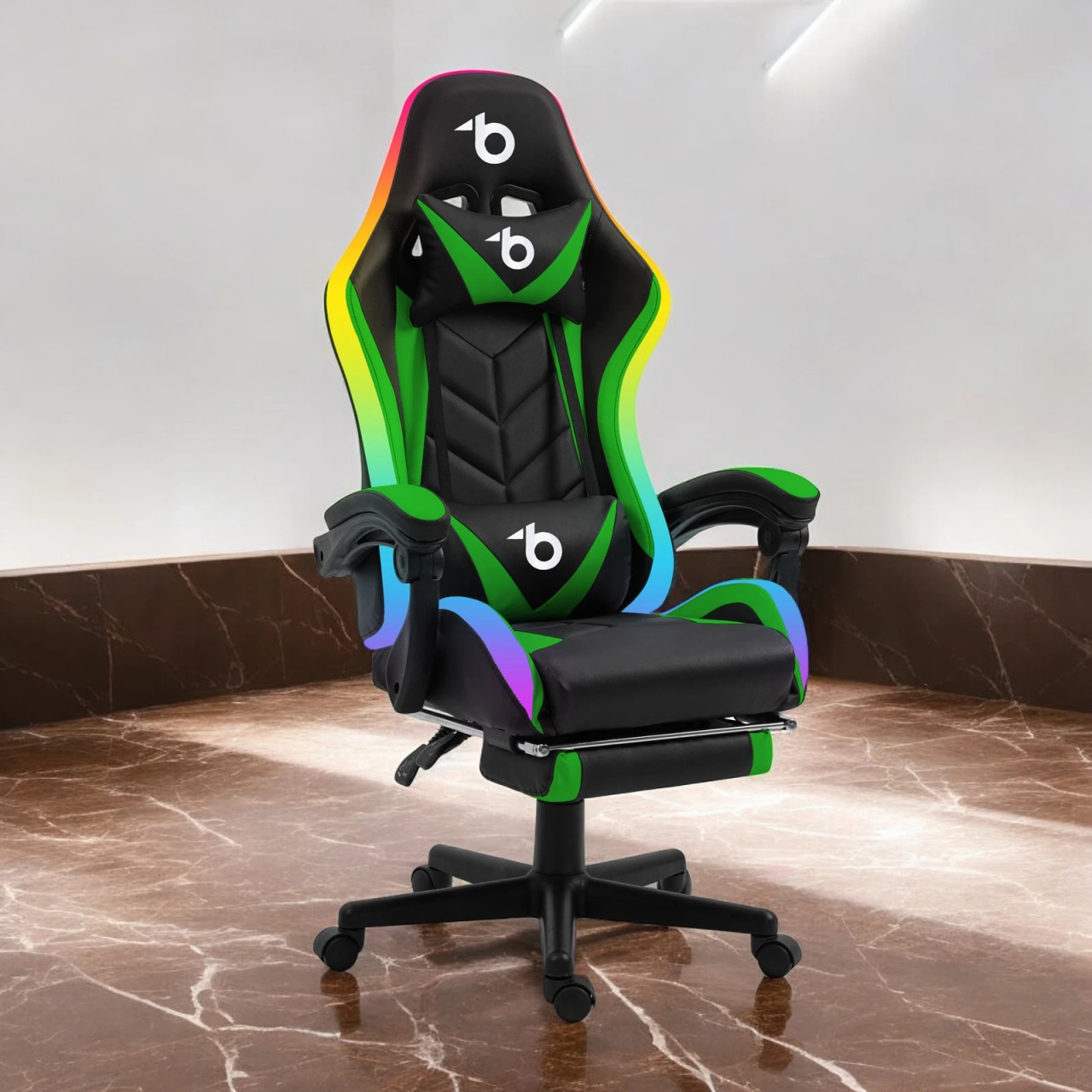 Scaun ergonomic gaming cu LED RGB, negru/verde - confort și stil