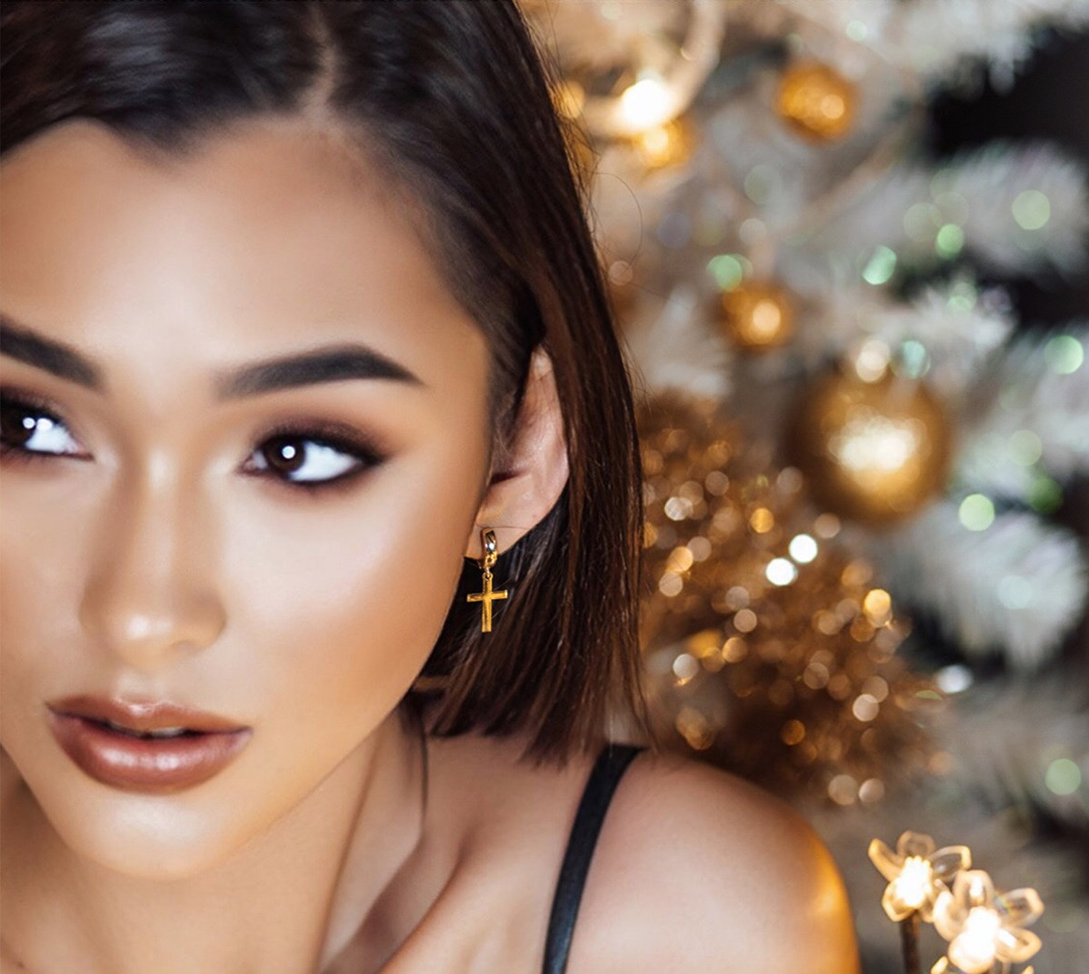 Cercei argint 925, JW166, model in forma de cerc cu cruce, placat cu aur