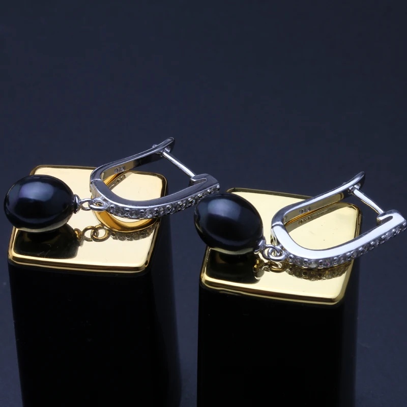 Cercei argint 925, JW1109, model elegant cu perla neagra, placati cu rodiu