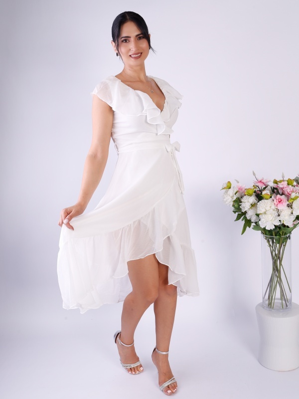 ALESSIA Rochie dama alba vaporoasa cu volane si cordon in talie