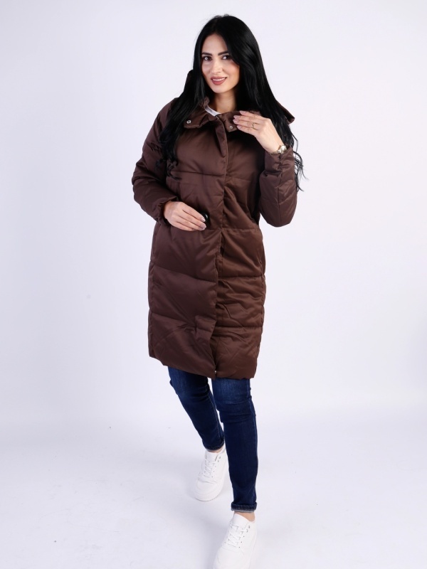 Geacă damă lungă de iarnă maro cu glugă matlasată