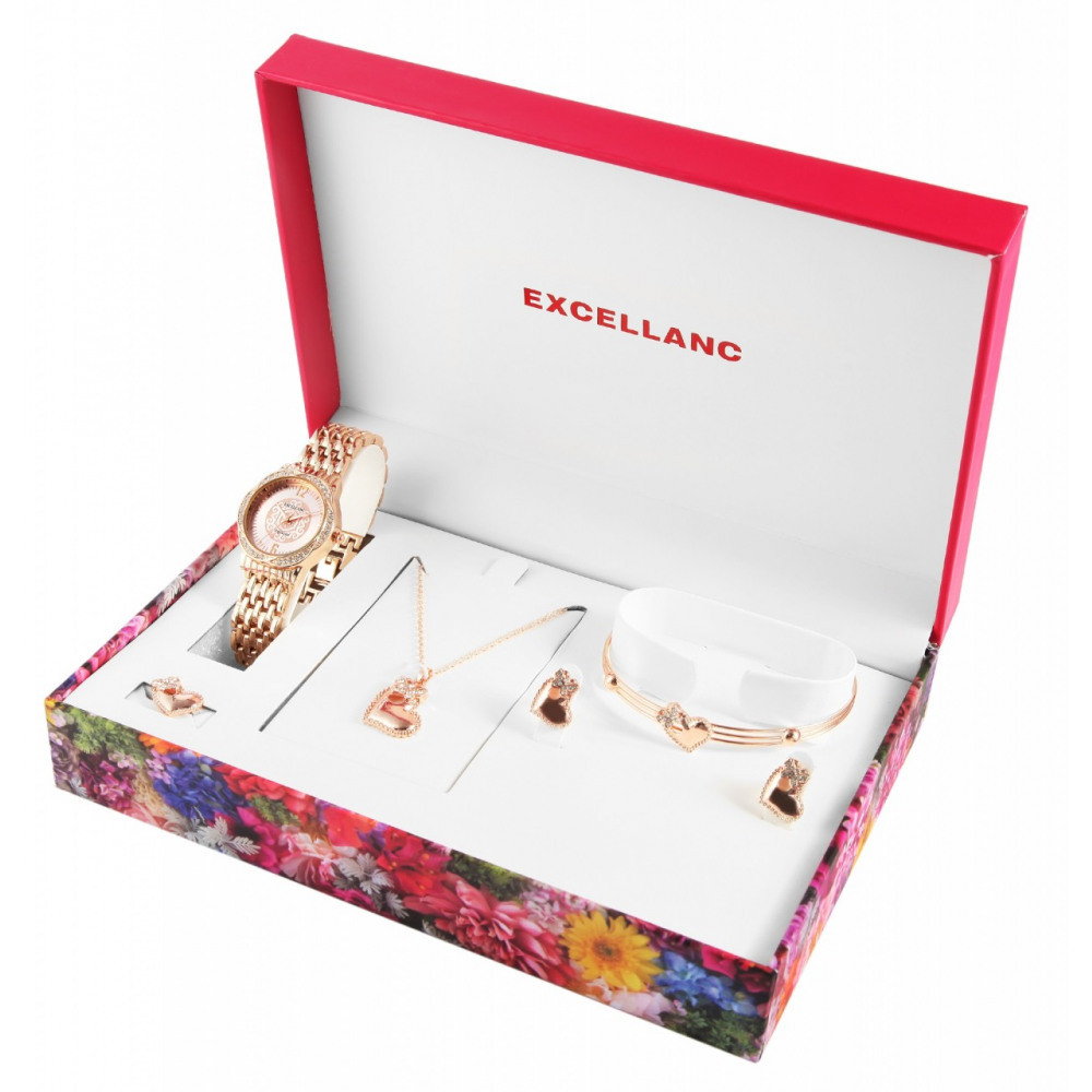 Set cadou, ceas dama, Excellanc, Roze, colier cu pandativ, 1 inel, 1 ...