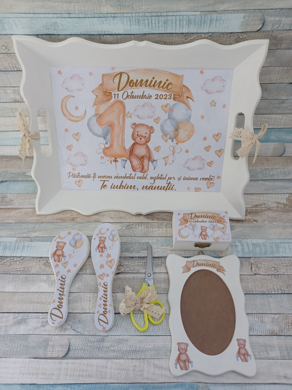 Set mot Set turta 1 an – pachet personalizat – Ursulet Fetita Roz