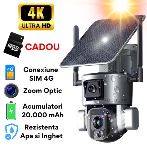 Camera Supraveghere Cartela SIM 4G, 4K Ultra HD, Doua Camere 4MP+4MP ...