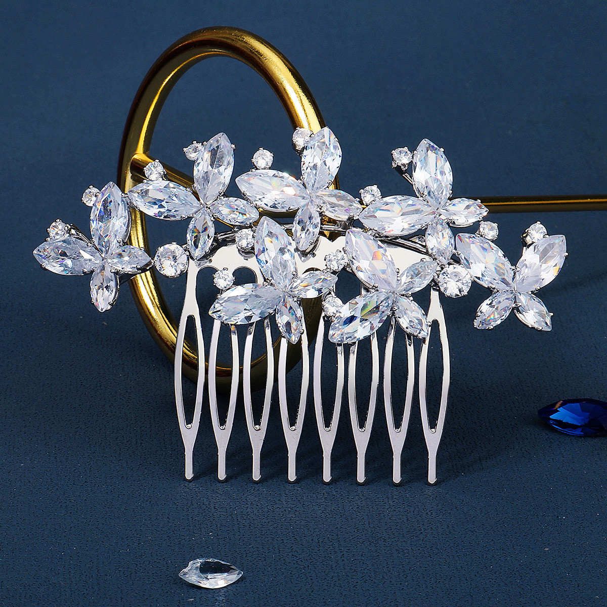 Accesoriu par argintiu, stil pieptene, cu pietre albastre, Midnight Blue