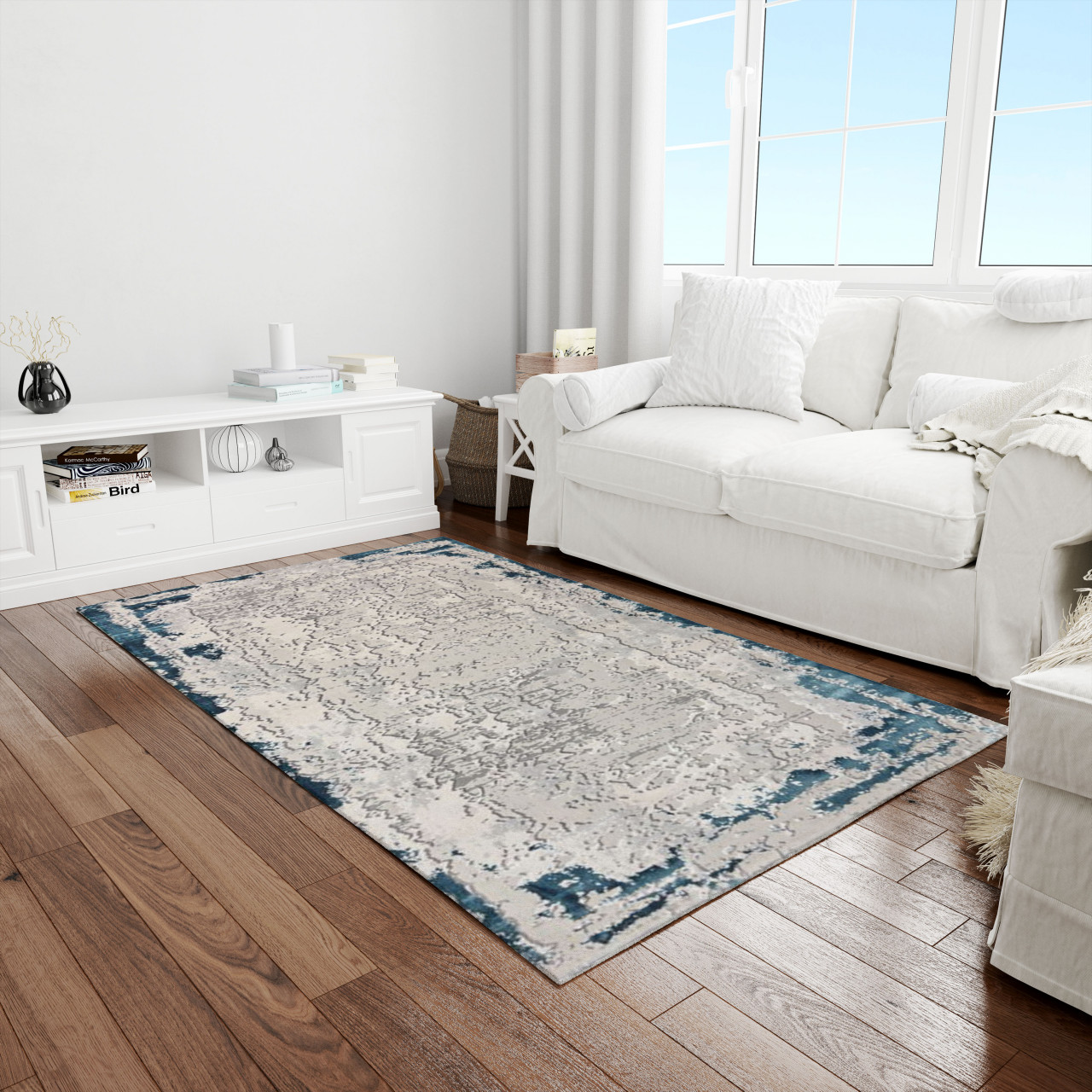 Covor Living Gri, Modern, Elegant, Dormitor/Sufragerie, Gri/Turcoaz, Antic