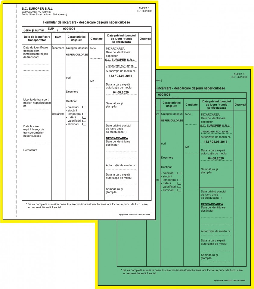 Formular de incarcare-descarcare deseuri nepericuloase, A4, 2 ex., alb ...
