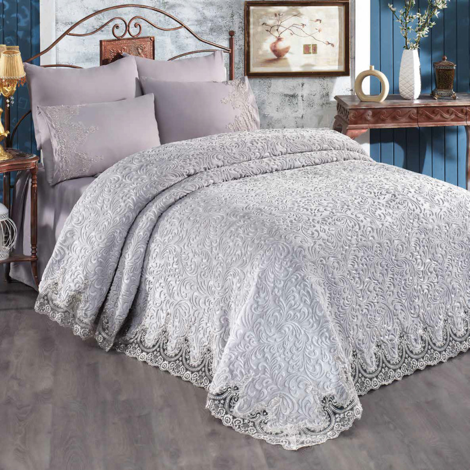 Set Luxury pentru pat, Patura cu dantela + Cearceaf de pat + 4 fete de ...