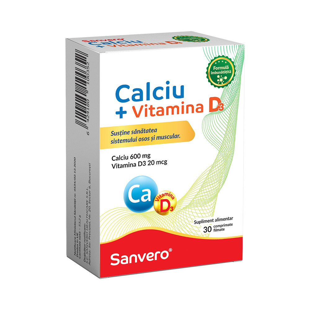 Sanvero Calciu + Vitamina D3 x 30 comprimate