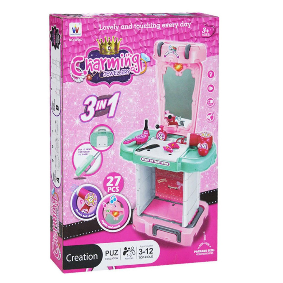 Troler MakeUp, Măsuță de machiaj copii 3 în 1 cu oglindă W067