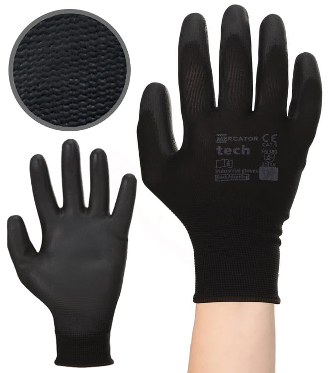 Manusi de lucru MERCATOR din material textil Tech Blak, acoperite cu PU ...
