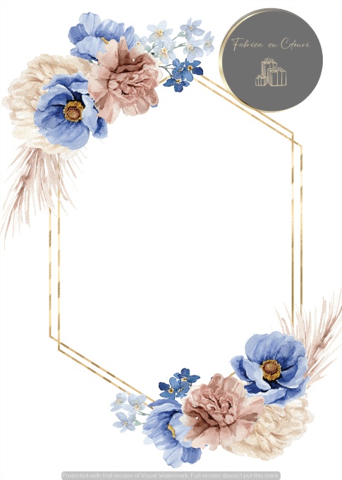 Invitație nuntă bej cu flori albastre și chenar geometric auriu – stil ...