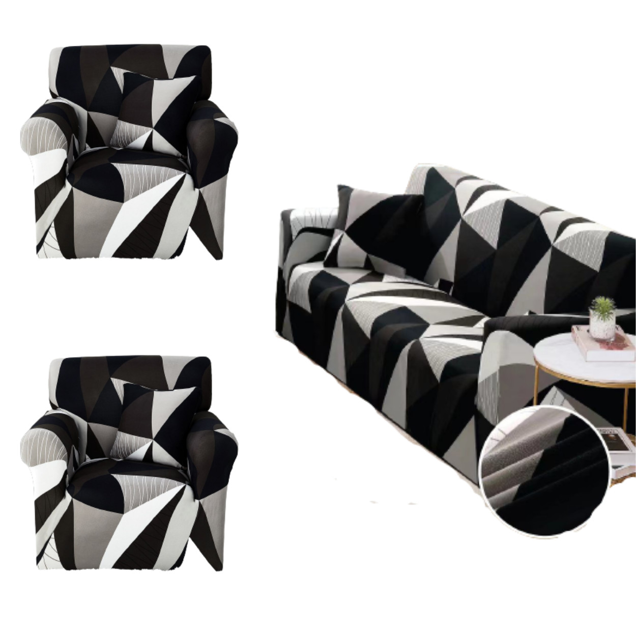 Set huse elastice pentru canapea 3 locuri si 2 fotolii, uni, cu brate ...