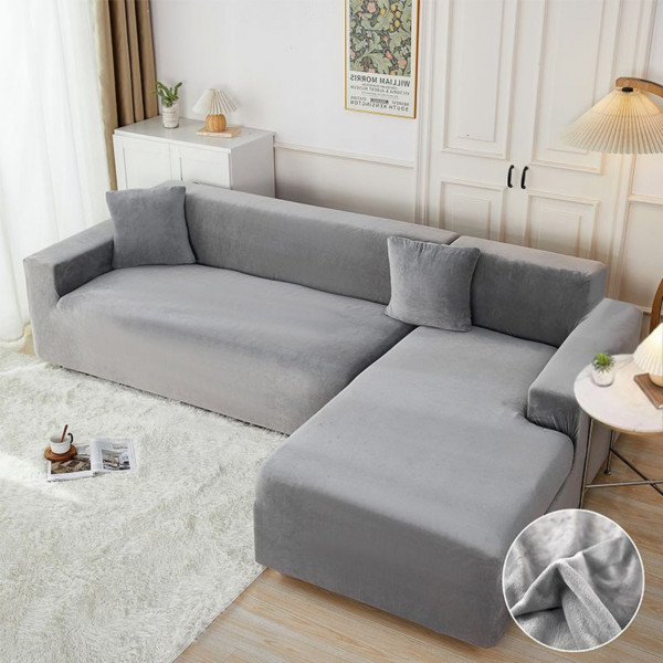 Set 2 huse elastice pentru coltar, catifea, marime: M+L, gri deschis ...