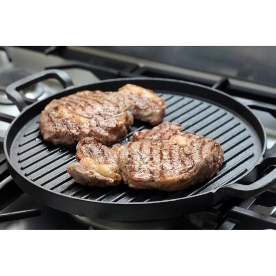 Placa grill BBQ rotunda 31cm cu 2 manere, fonta Perfect Home 15521