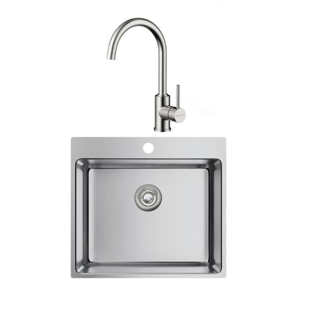 Set: Čelična sudopera 50x50 + inox slavina (2 cevi) + sifon
