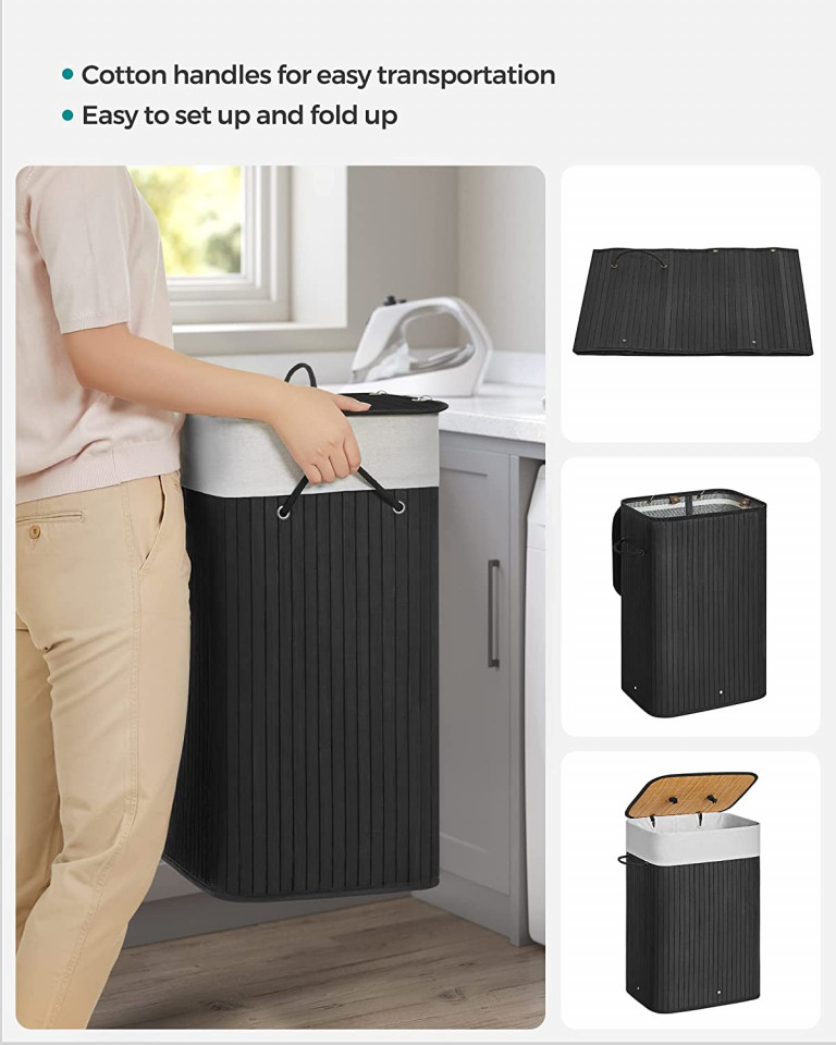 Cos de rufe cu capac SONGMICS, bambus, negru, 40 x 30 x 60 cm ...