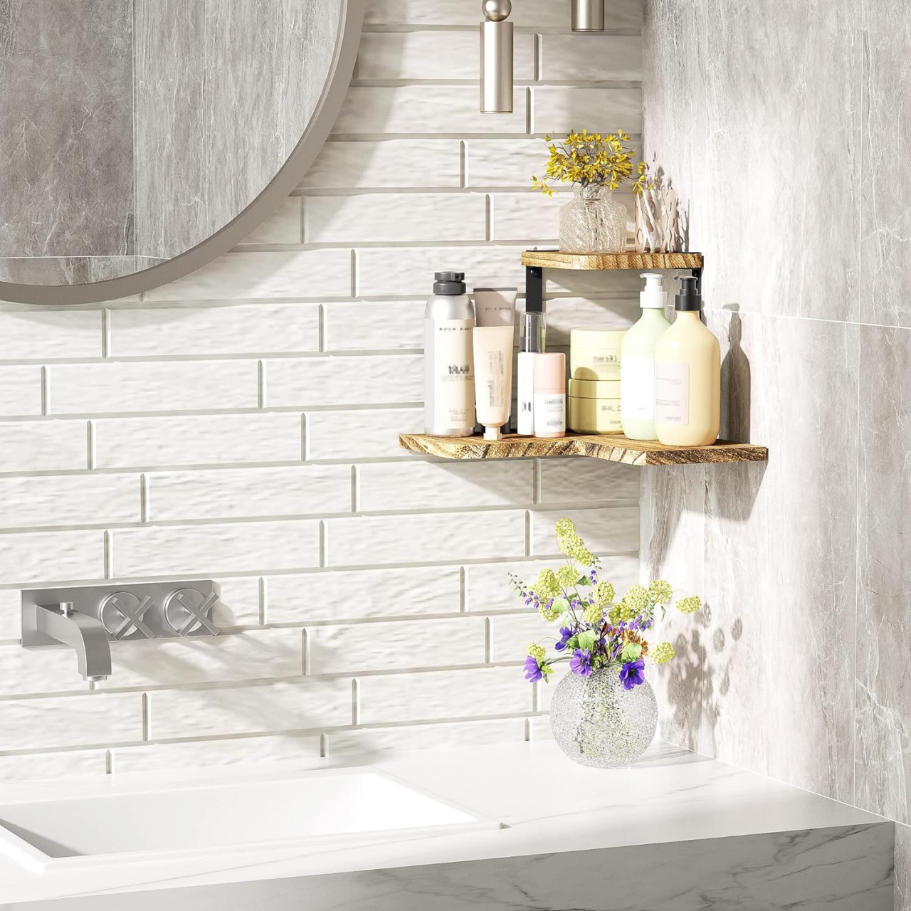 Raft de colt cu 2 nivele SRIWATANA, lemn/metal, maro/negru, 22.5 x 30 x ...