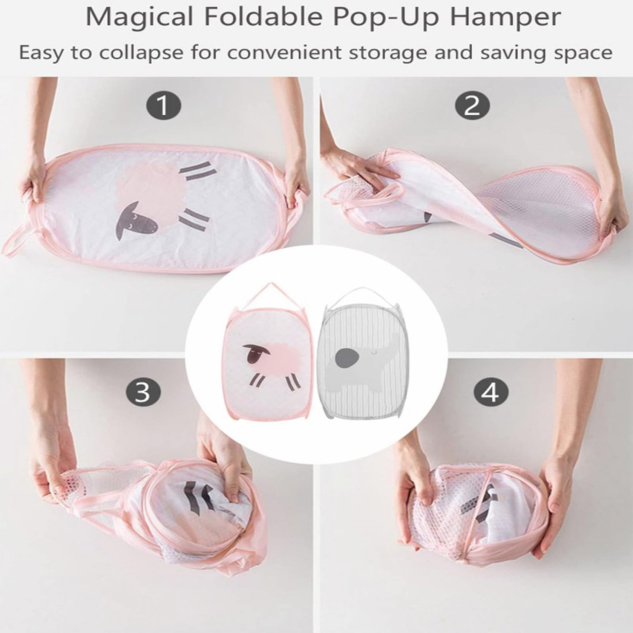 Set 2 cosuri pliabile pentru rufe, poliester, roz/gri, 30 x 30 x 50 cm ...